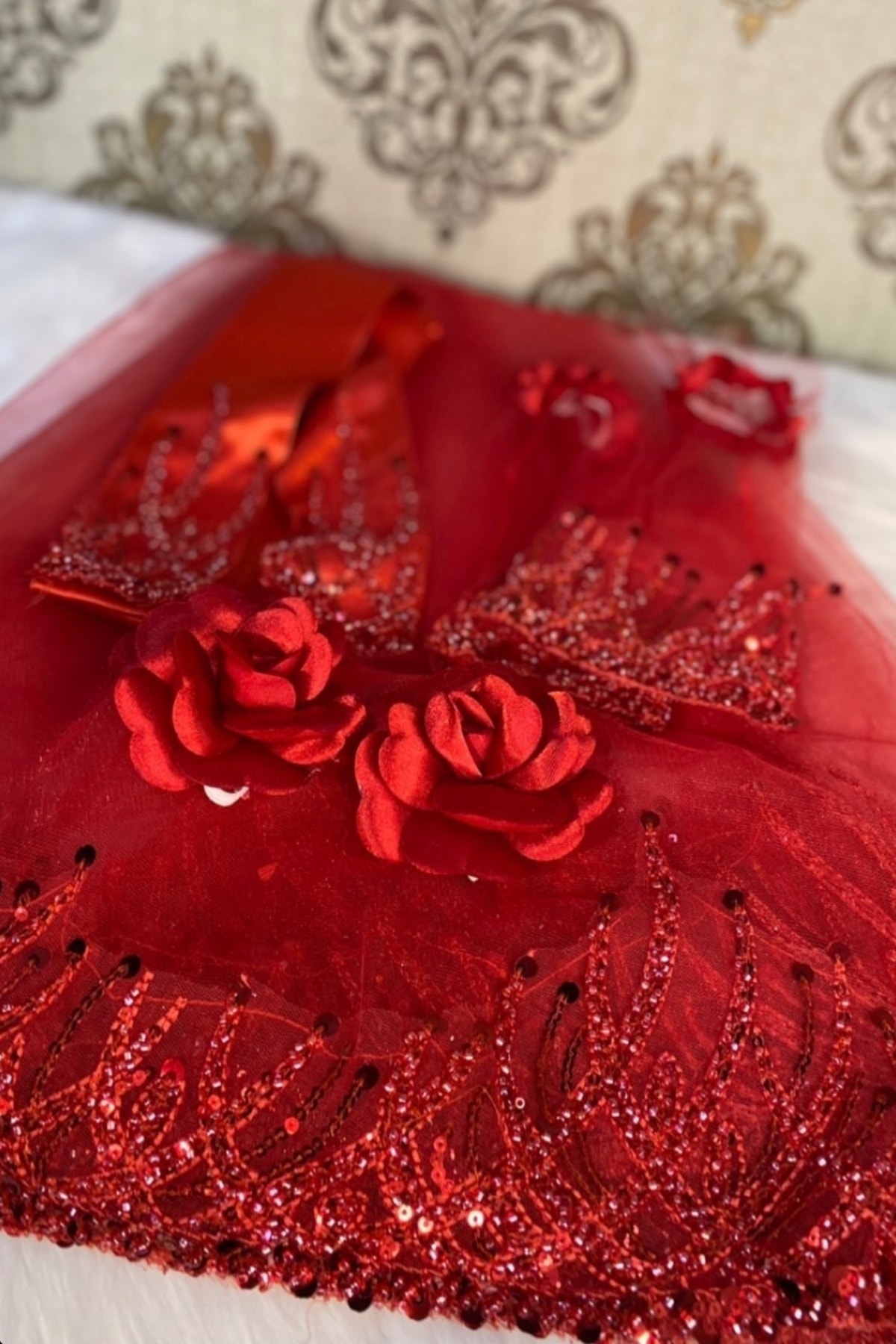 ZEYMERADE Kırmızı Alev Desen Gelin Duvak Seti, Pullu Boncuklu Su Taşlı ...