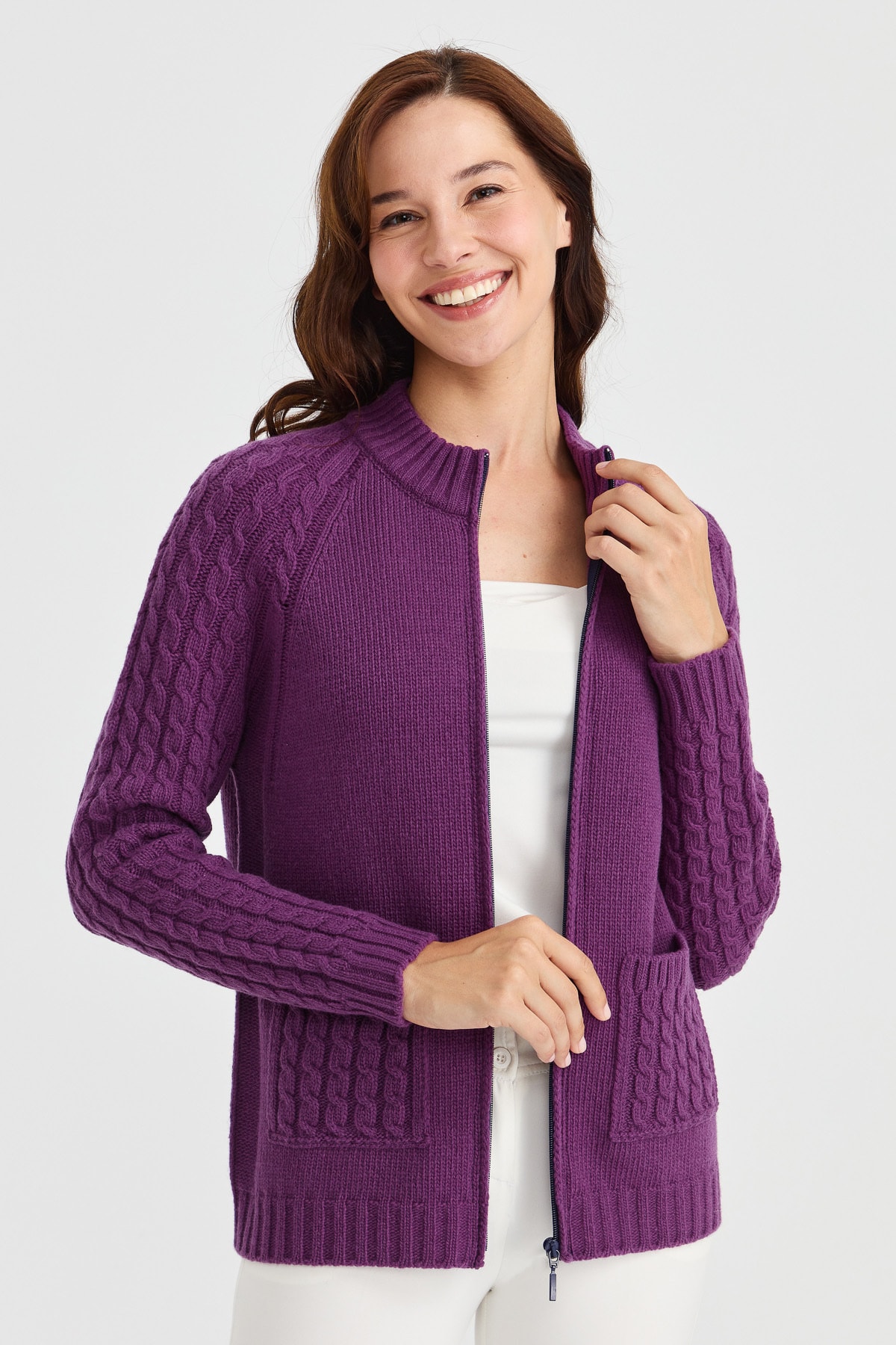 Desen Triko Kadın Dik Yaka Cebi ve Kolu Saç Örgü Yün Hırka A.Mor Fiyatı ...