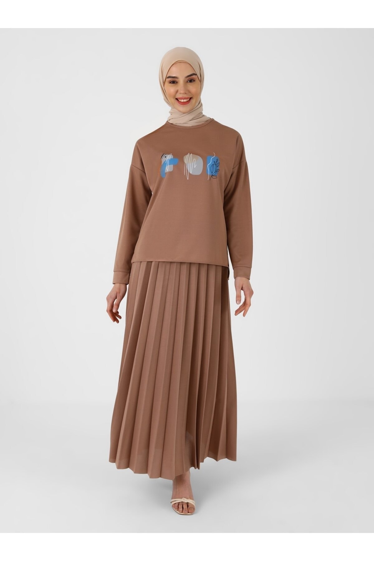 Tavin Εκτύπωση Αναλυτικό Σετ Πλισέ τουνίκ Διπλό Σετ - Γη - Tavin - Trendyol