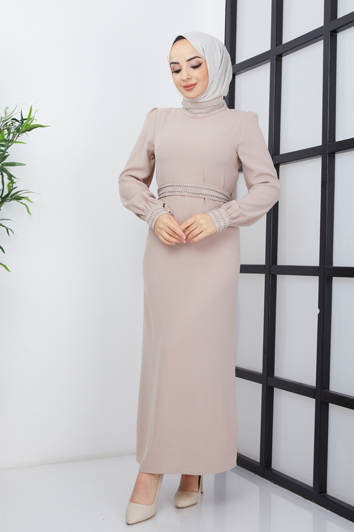 Feiza Collection Düz Kesim Tesettür Abiye Elbise - Bej - Fiyatı, Yorumları