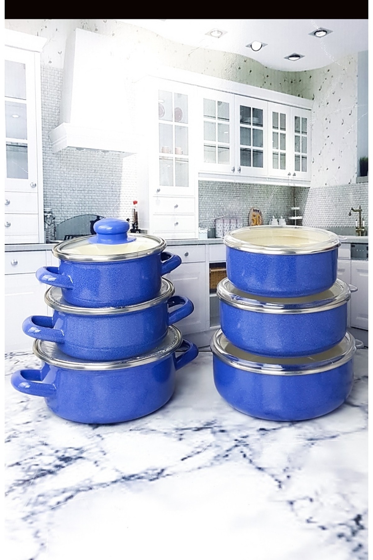 BRE HOME Turkuaz mavi emaye 12 parca mini boy tencere seti saklama kabı ...