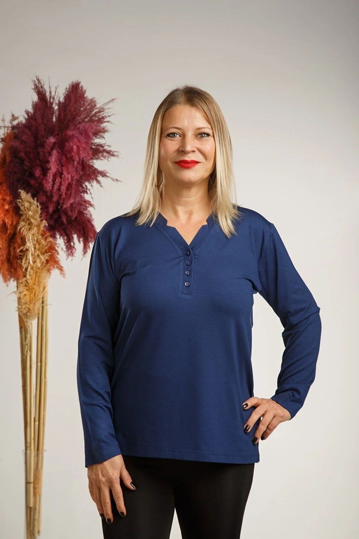 ModaSümeyra Kadın Orta Yaş Ve Üzeri Dört Mevsim V Yaka Rahat Kalıp Likralı Viskoz Anne Penye ...