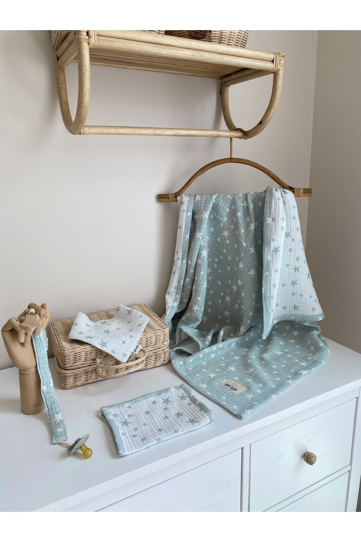 Tiny Ruby Baby Kids 4 Katlı Jakarlı Mint Çift Taraflı Yıldızlı Müslin ...