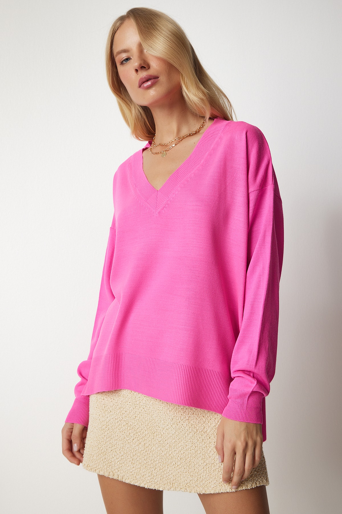 Happiness İstanbul Pulover de damă roz, cu decolteu în V, tricotaj ...