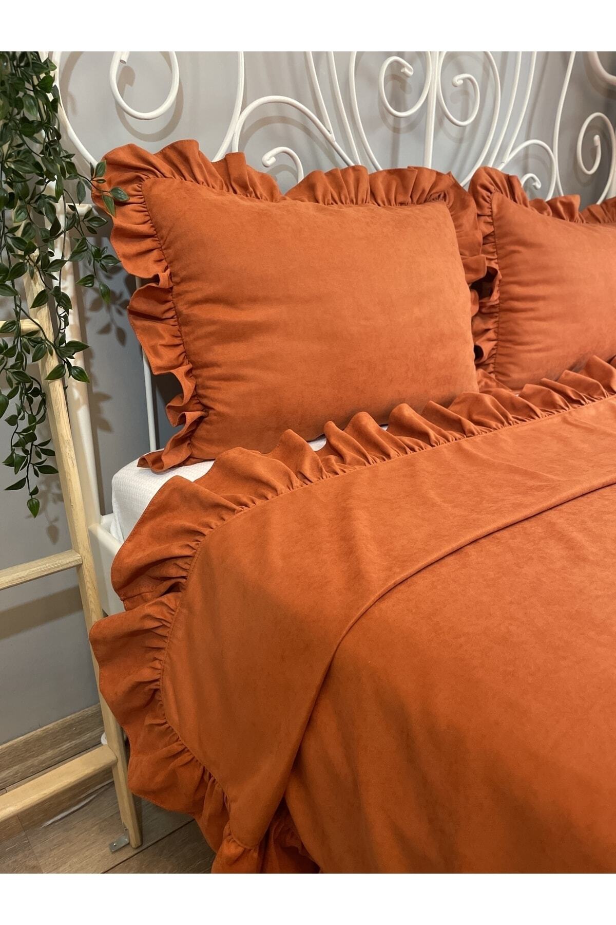 Decamor home Kiremit Rengi Fırfırlı Yatak Örtüsü Set Çift Kişilik ...