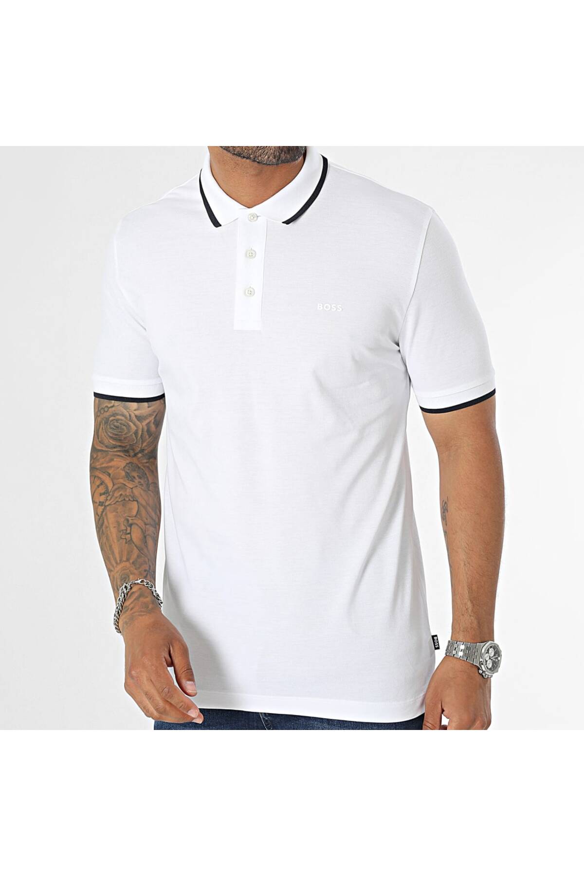 BOSS Erkek Pamuklu Kısa Kollu Günlük Beyaz Polo Yaka T-Shirt 50494697 ...