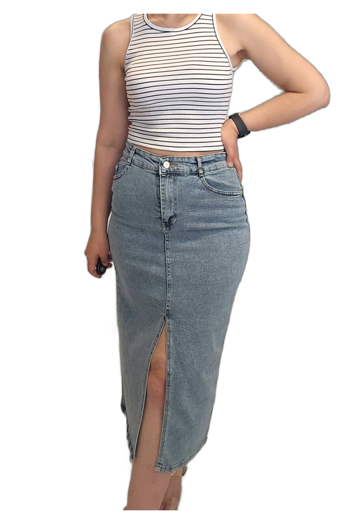 MADAME MELEK Zr Model Yırtmaç Detaylı Kot Etek Likralı Kar Yıkama Buz ...