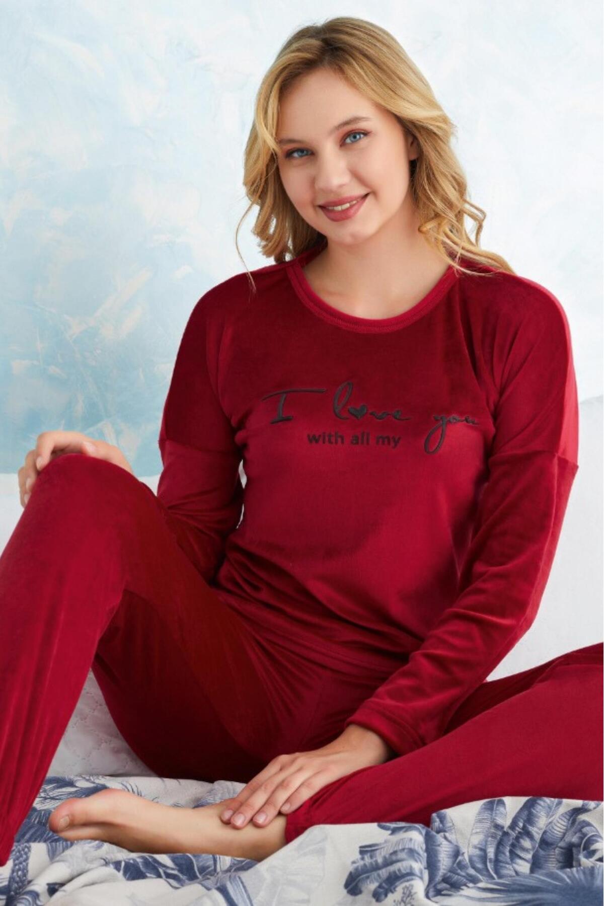 Farya Home Luxury Velvet Fransız Kadife Yazı Detaylı Pijama Takımı ...