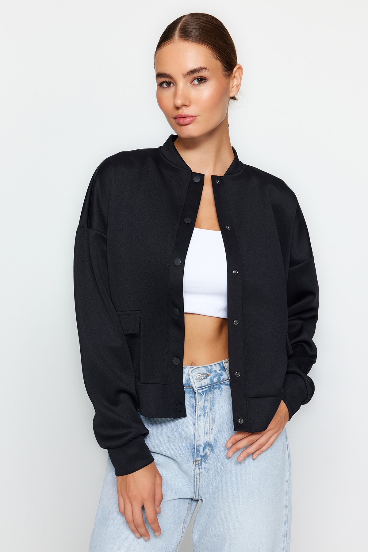 Trendyol Collection Navy Blue Pocket Detailed Snap Button Scuba Knitted ...