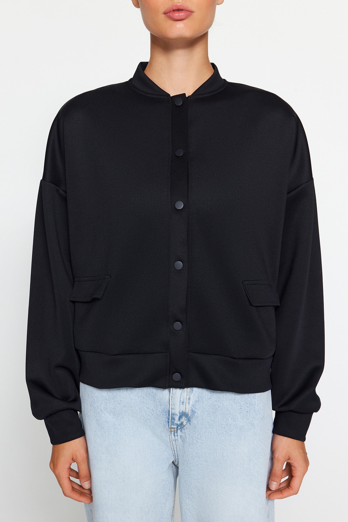 Trendyol Collection Navy Blue Pocket Detailed Snap Button Scuba Knitted ...