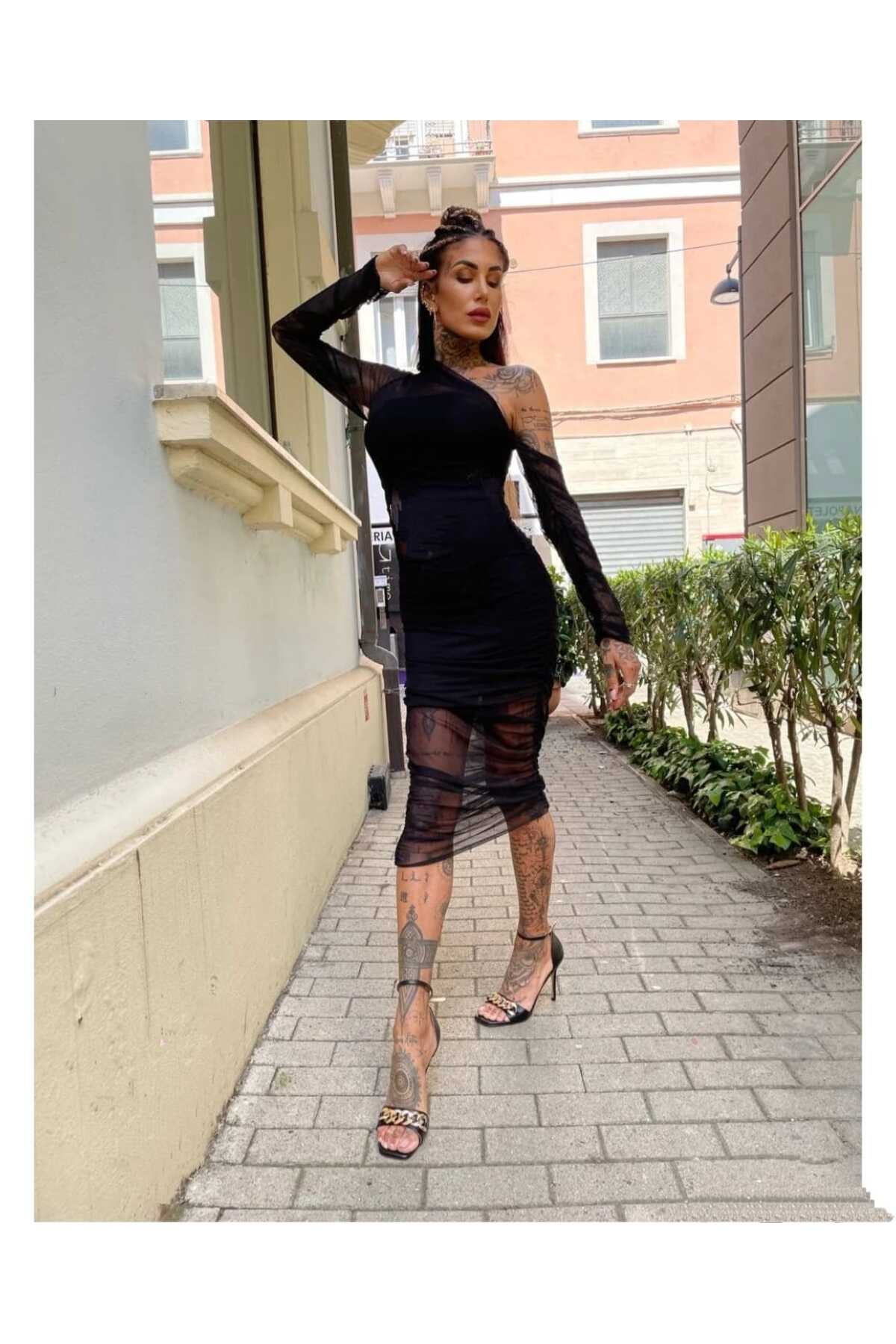 morche kadın asimetrik büzgülü tasarım midi boy tül elbise takım Fiyatı ...