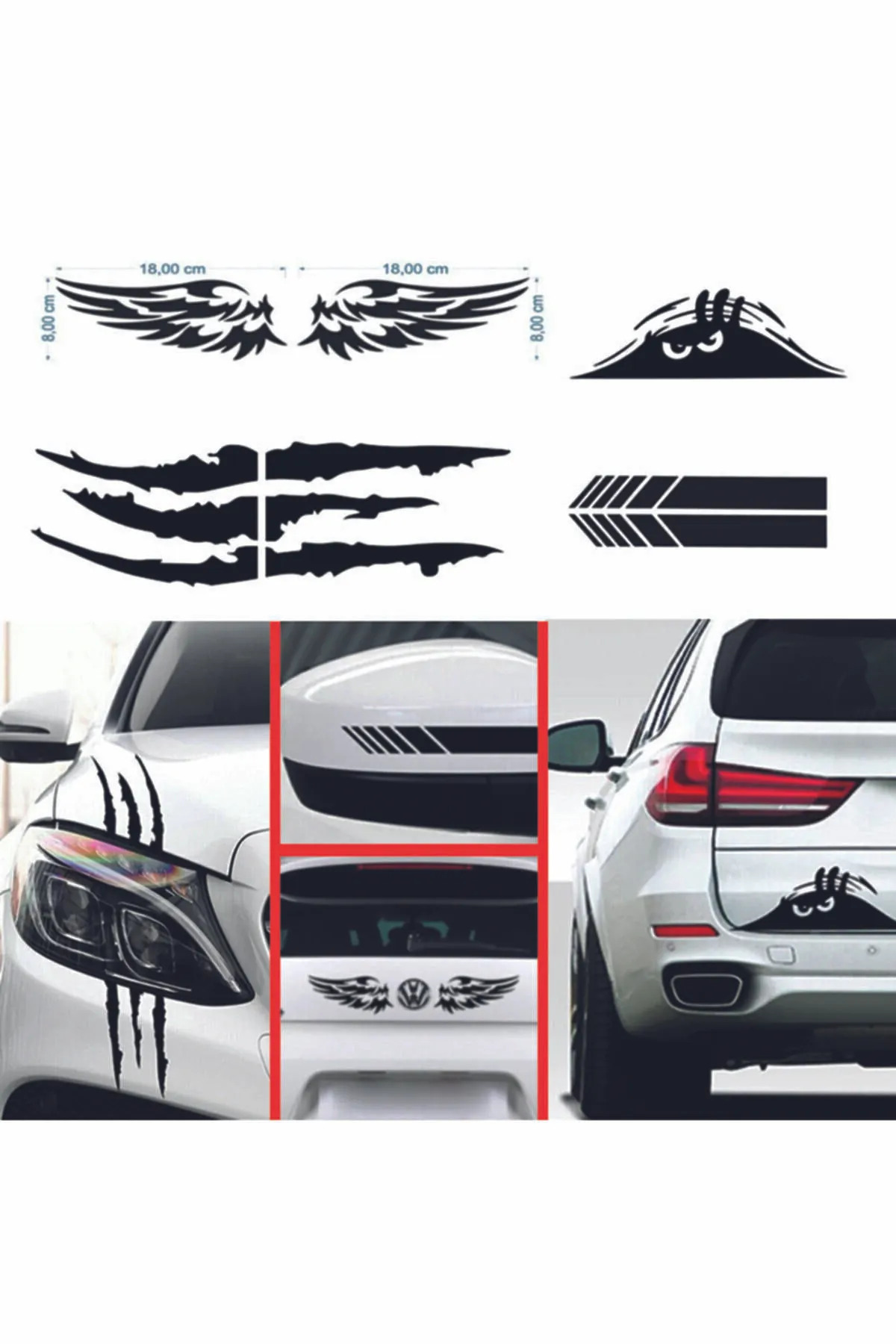 Aruz MegaSticker Oto Sticker Mega 4lü Paket Dikiz, Kanat, Monster Pençe ...