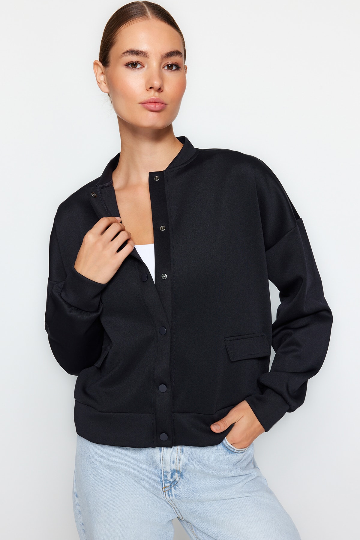 Trendyol Collection Navy Blue Pocket Detailed Snap Button Scuba Knitted ...