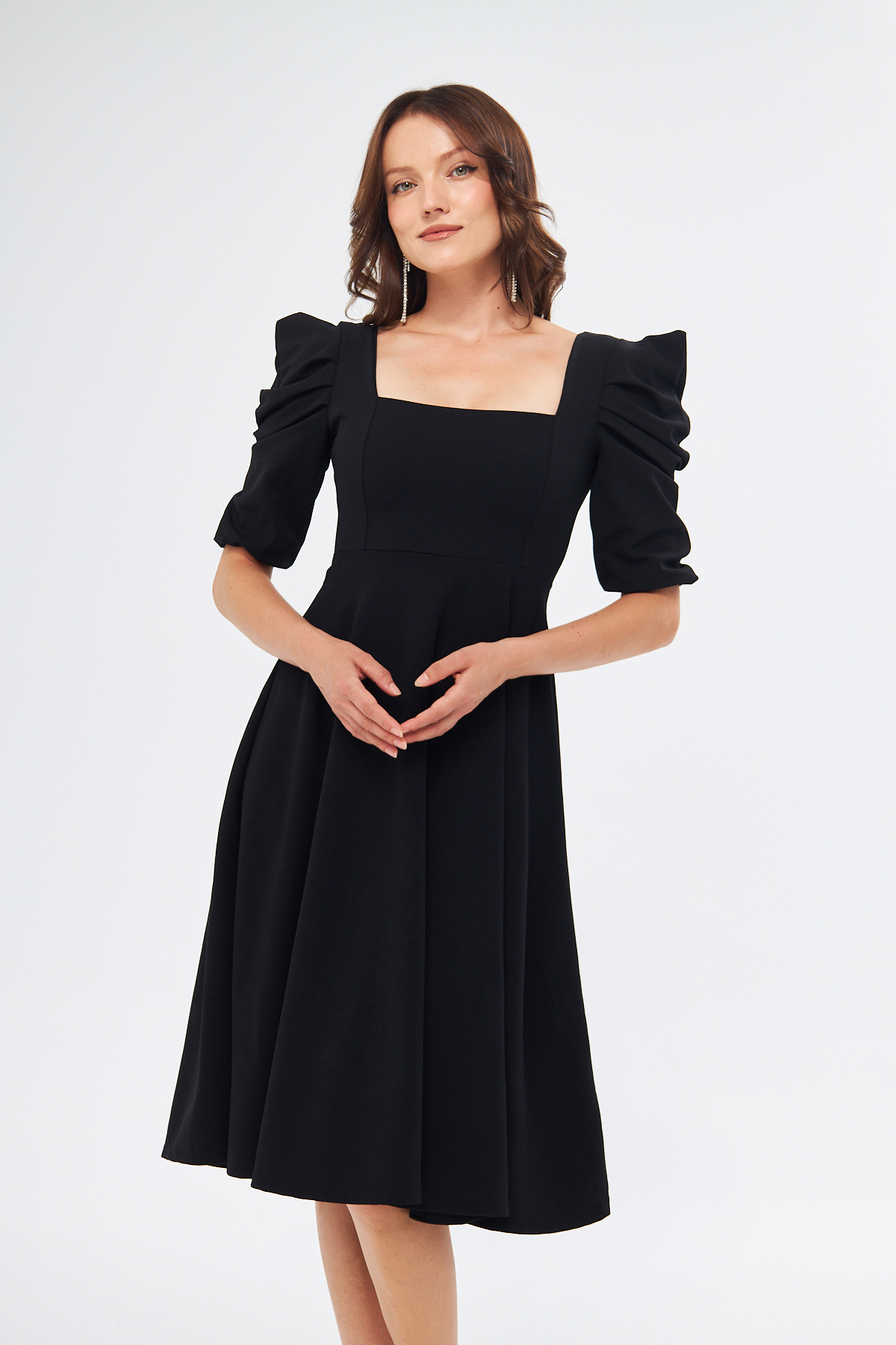 bayansepeti Kadın Esnek Krep Kumaş Kısa Kollu Kare Yaka Midi Boy Siyah Abiye Elbise 080 Fiyatı ...