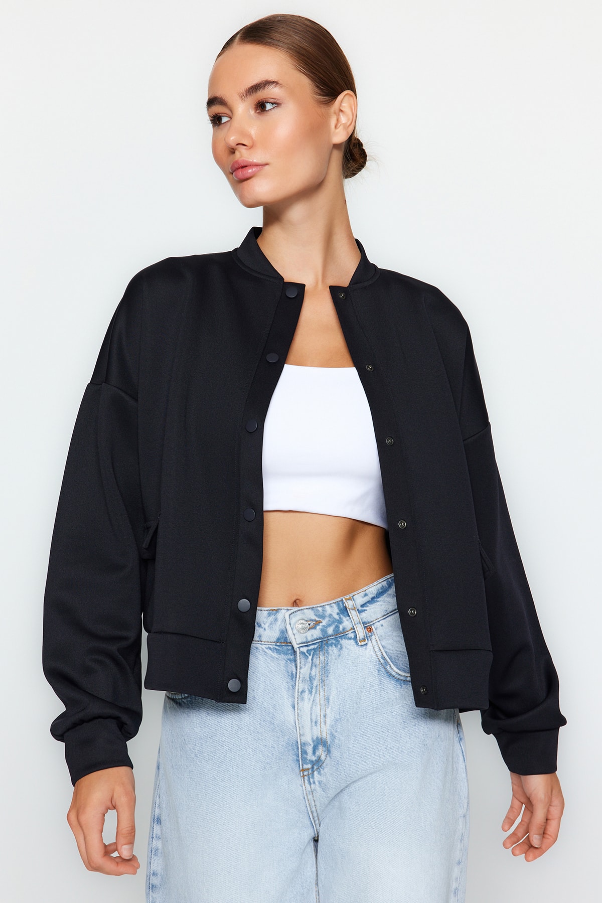 Trendyol Collection Navy Blue Pocket Detailed Snap Button Scuba Knitted ...