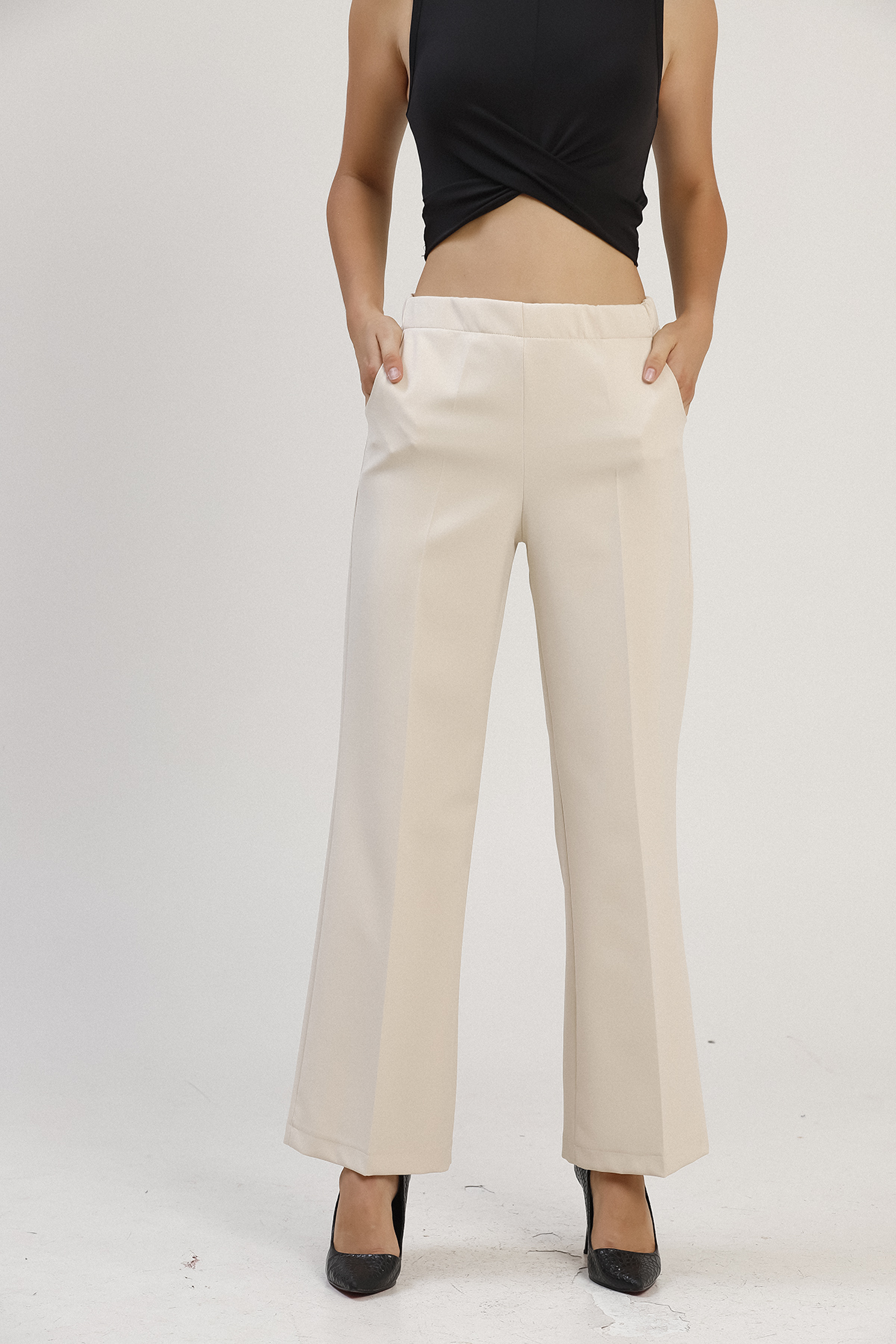 NELSA Bej Palazzo Beli Lastikli Cepli Dokuma Kadın Pantolon Fiyatı ...