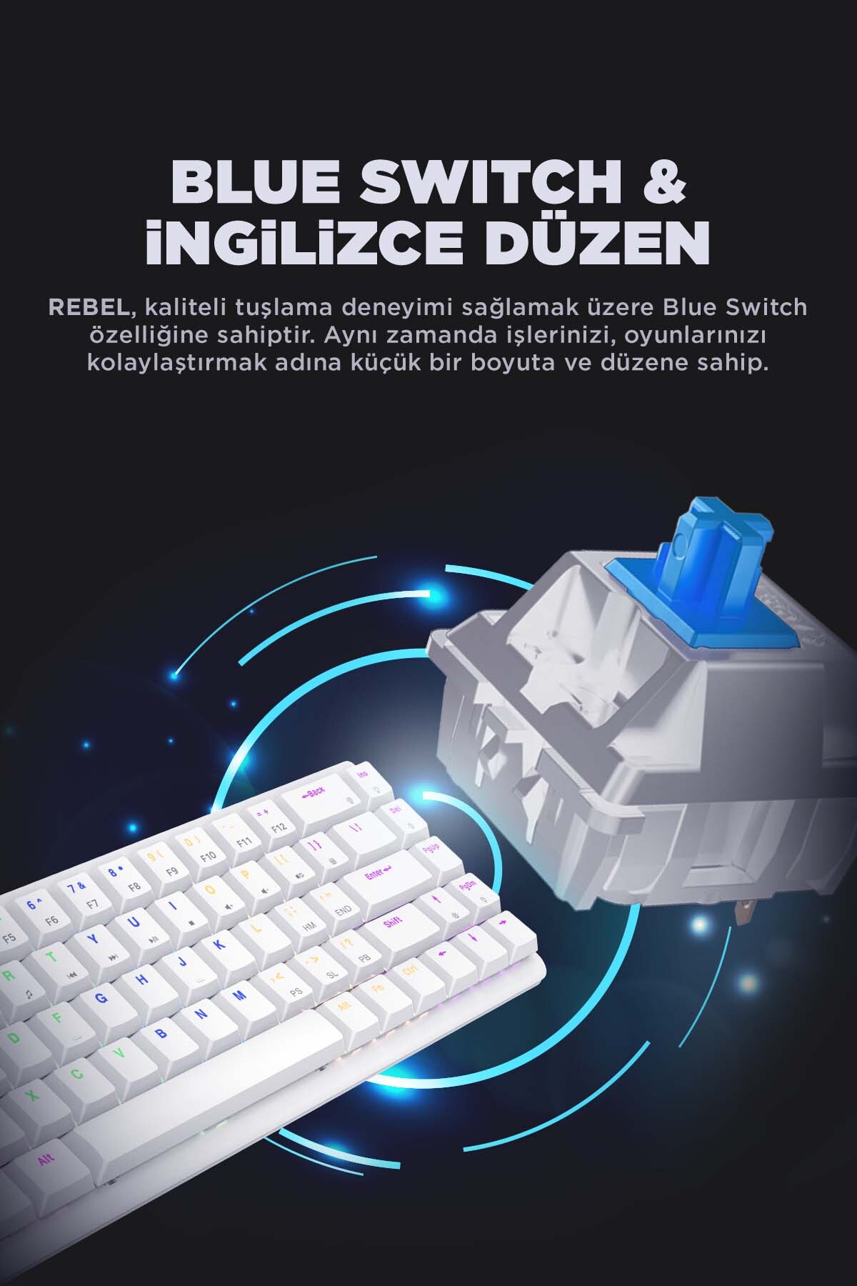 Rampage Rebel Beyaz Low Profile Blue Switch US Layout Rainbow Mekanik ...