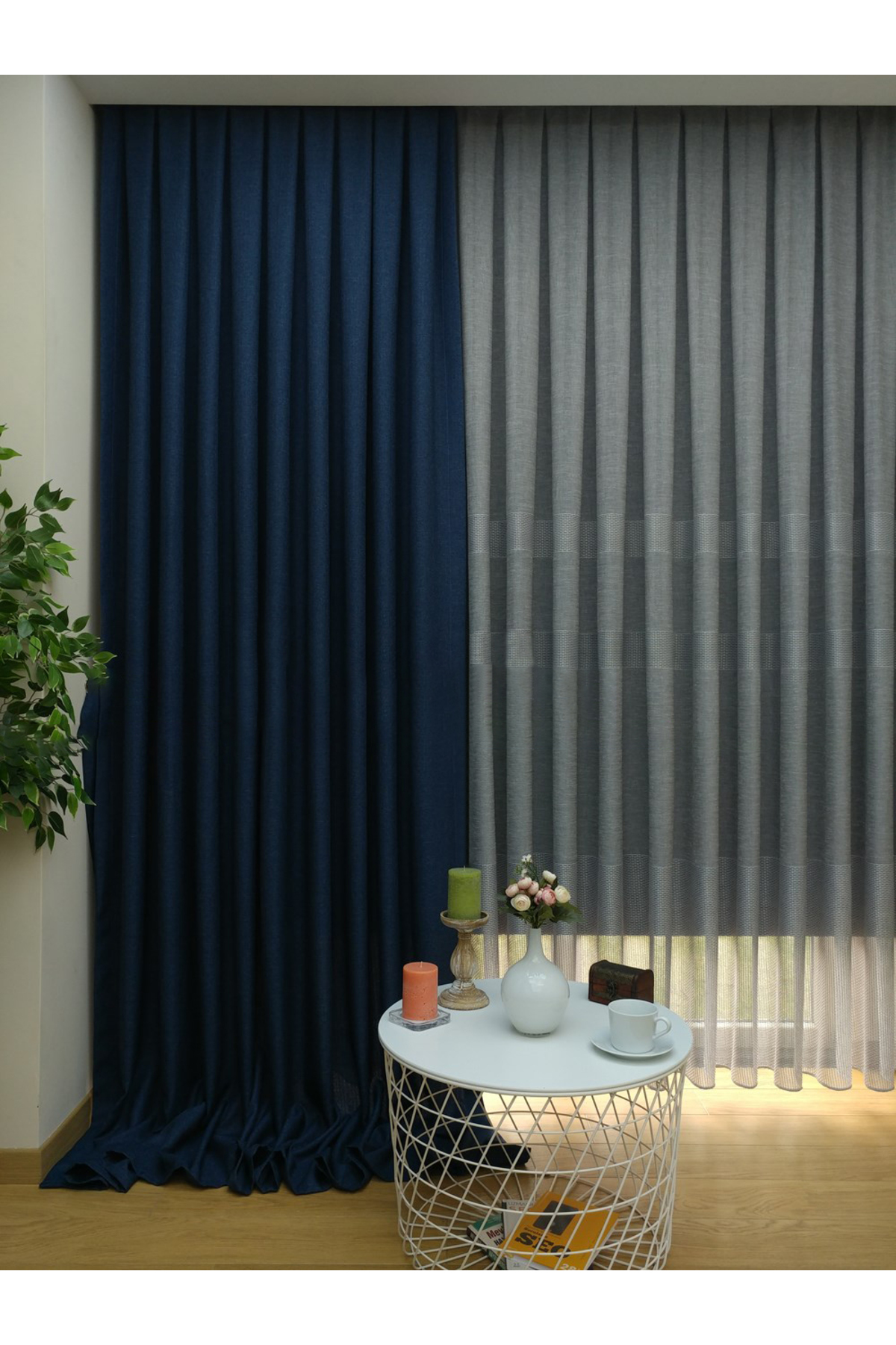 Evdepo Home Crown Navy Blue Solid Color Linen Background Curtain ...