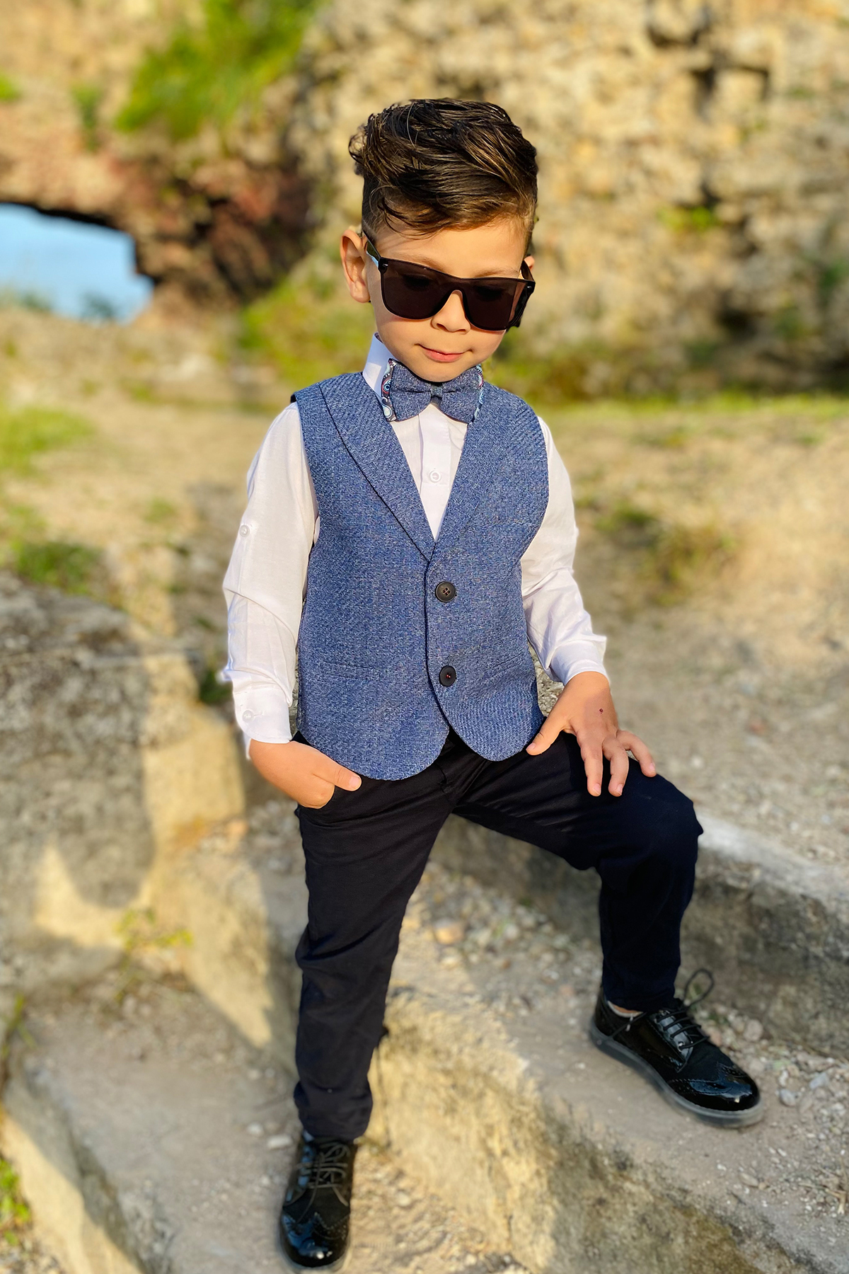 Merdia Kids Erkek Çocuk Takım Elbise 2 Düğmeli Yelekli Papyonlu Smokin ...