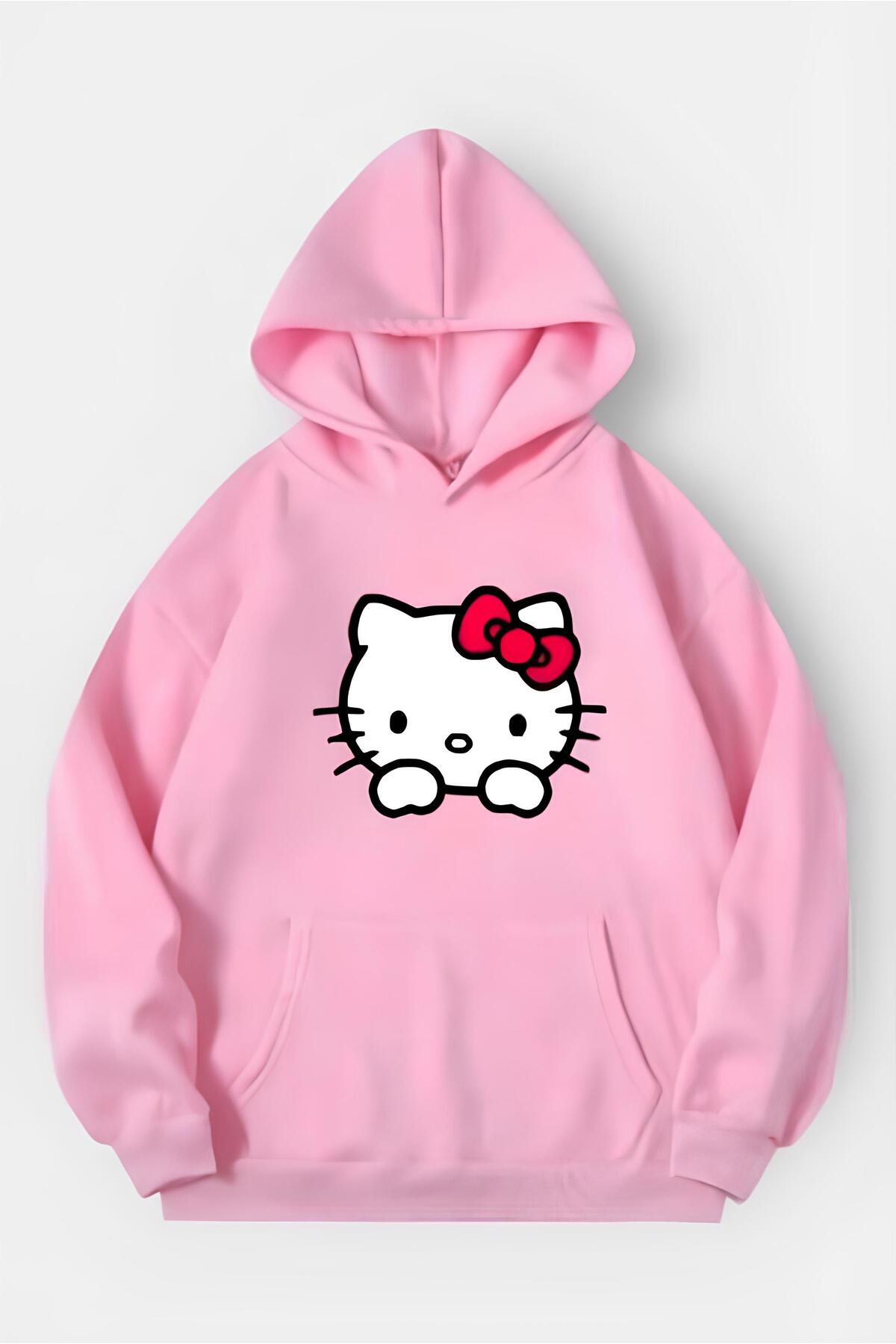 BROOD's Hello Kitty Head Baskılı Oversize Pembe Kapüşonlu Hoodie Yumuşak Sweatshirt Fiyatı ...