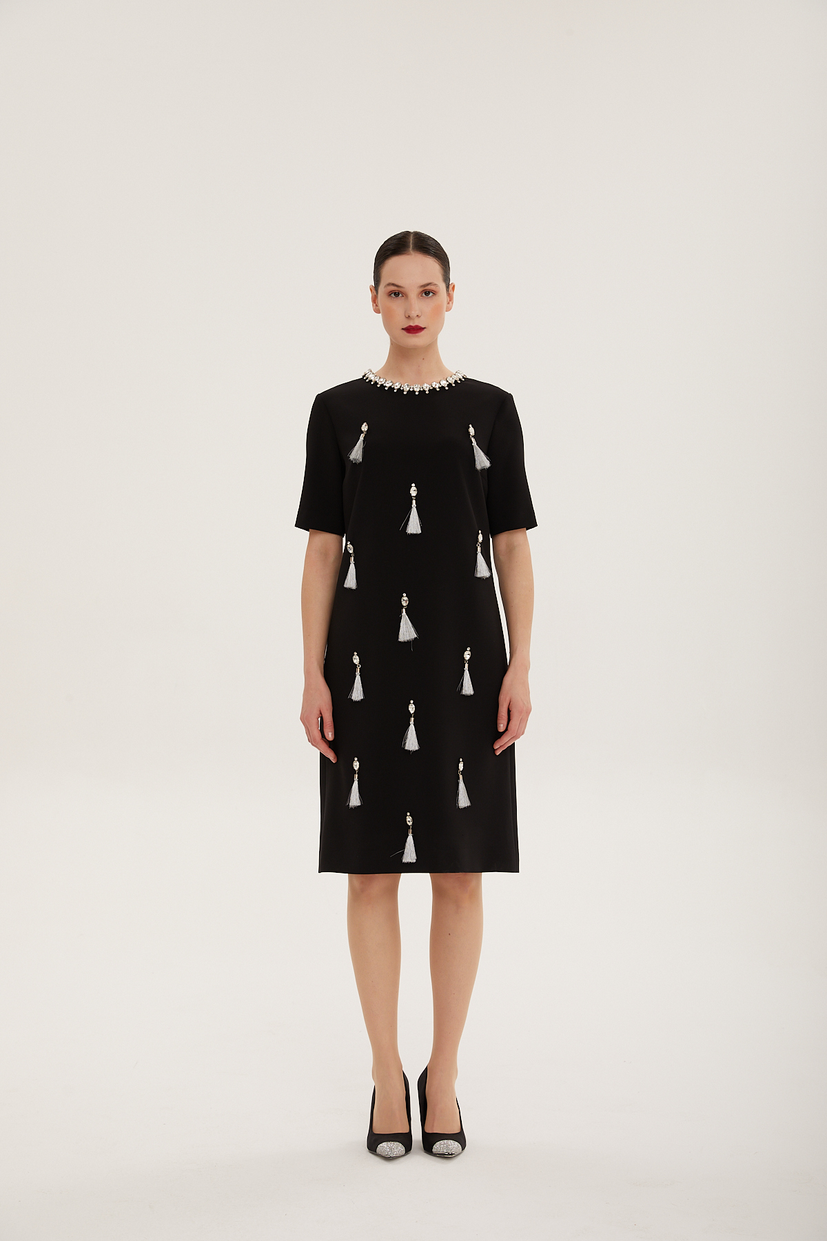 Balizza BLZ-YAKASI TAŞ VE BONCUK İŞLEMELİ PÜSKÜL DESENLİ ELBİSE Fiyatı ...