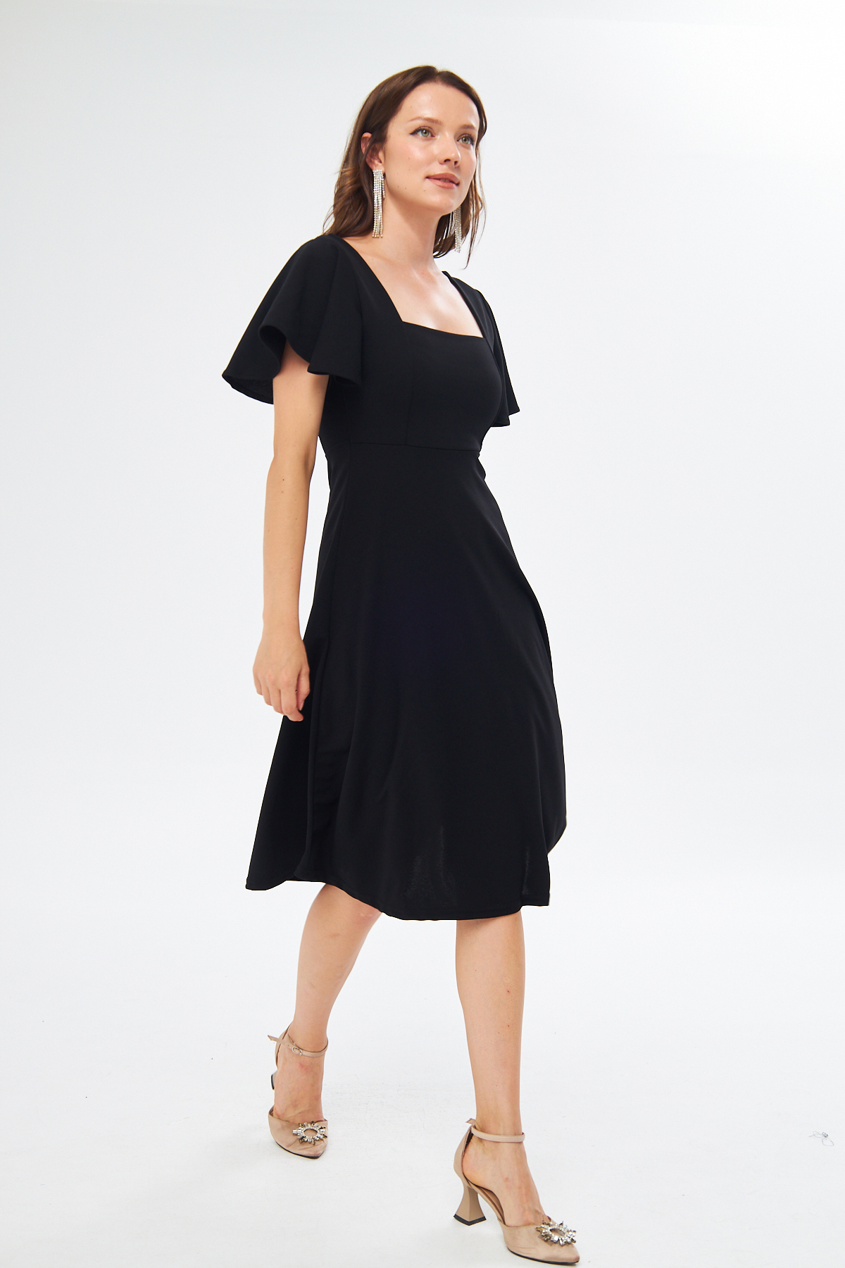 bayansepeti Kadın Kolları Volanlı Esnek Scuba Krep Kumaş Kare Yaka Midi Boy Siyah Elbise 082 ...