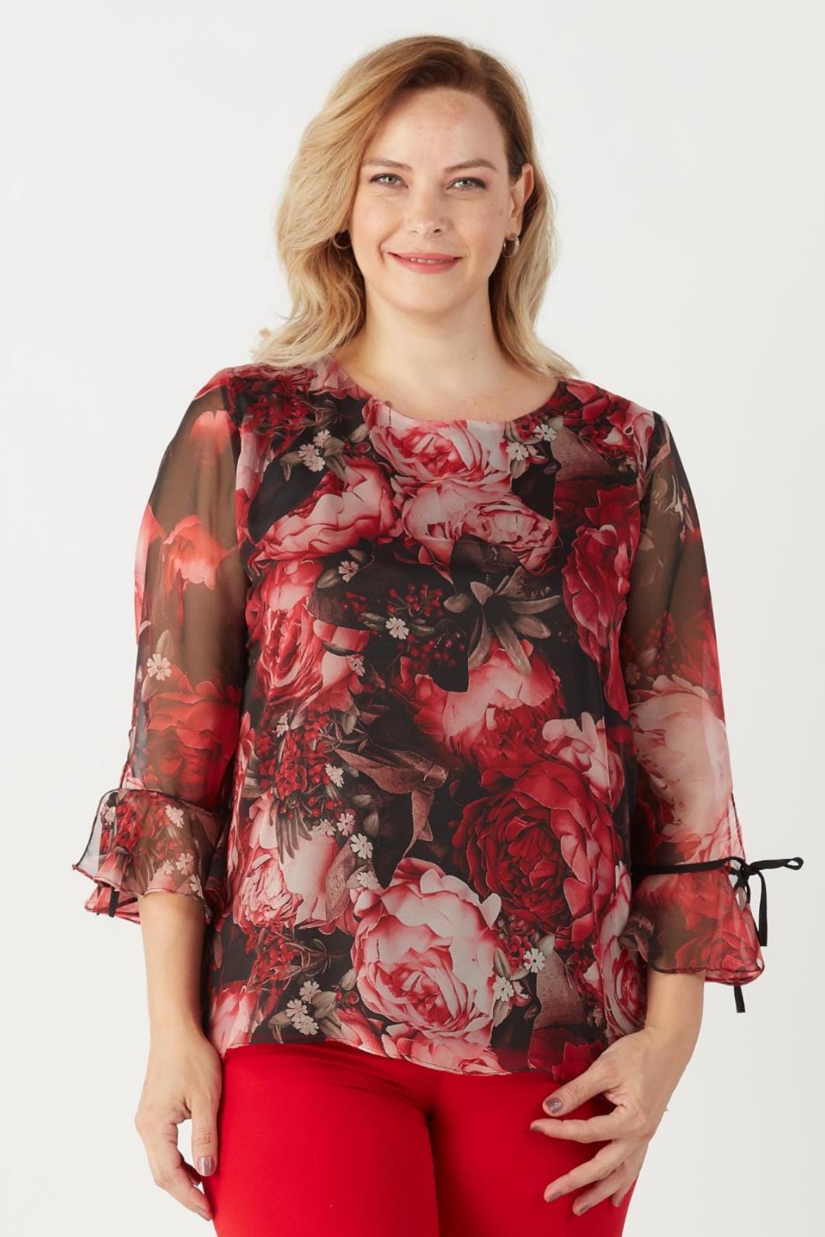 Moda Berray 3129 Kırmızı Çiçek Desenli Şifon Büyük Beden Bluz Fiyatı ...