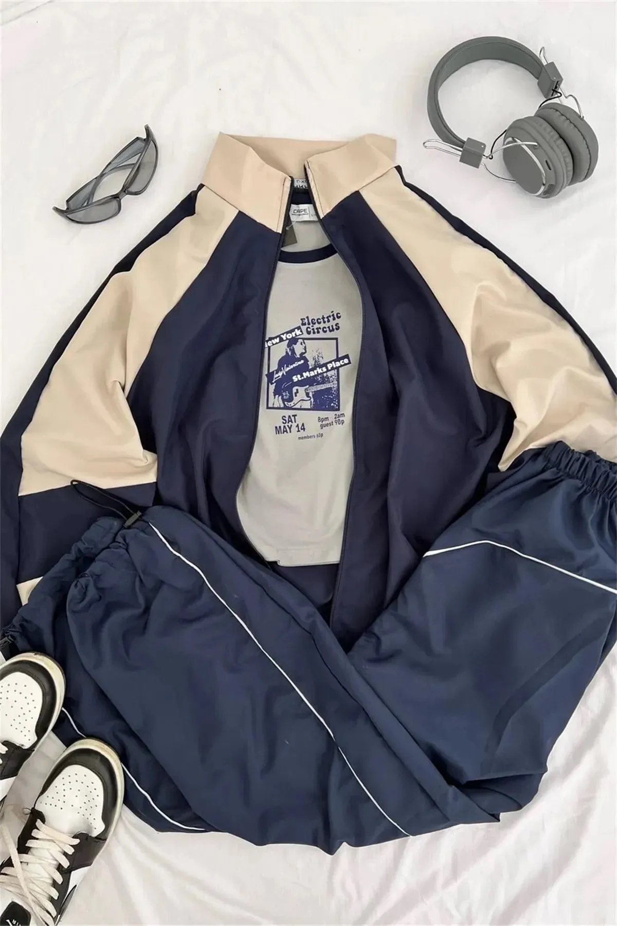 weywot Lacivert-Krem Baggy Vintage Unisex Paraşüt Kumaş Kolej Ceket ...