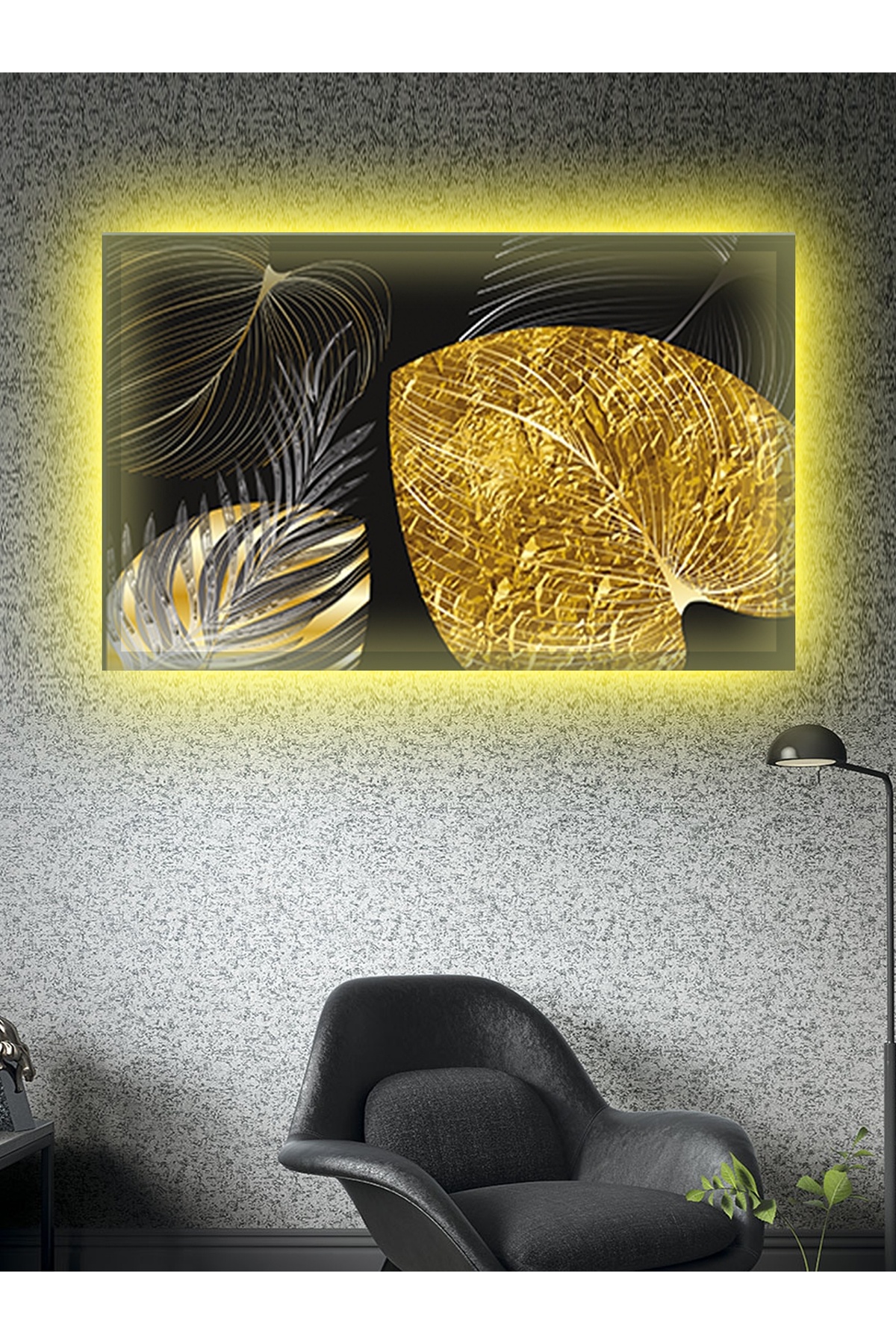 Genel Markalar CLZ104 Led Işıklı Gold Siyah Yaprak Tablo (50 x 35) cm ...