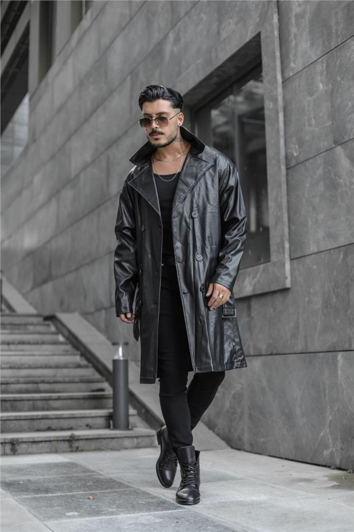 OUTFİT MAN Erkek Vintage Kemerli Uzun Deri Kaban Siyah Fiyatı ...